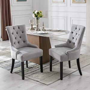 DM Furniture Velvet Dining Chairs Modern Tufted Side Host Kitchen Chairs with Wooden Legs Upholstered Accent Chair for Dining Room/Living Room/Bedroom (Set of 2, Light Grey)