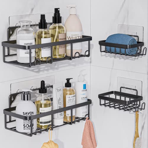 Attmu Shower Caddy Shower Shelf No Drilling with 2 Soap Holders, Adhesive Large Capacity Shower Organizer for Bathroom, Kitchen, Shower Rack Shelves - 4 Pack (Black)