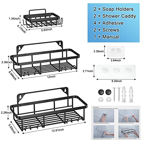 Attmu Shower Caddy Shower Shelf No Drilling with 2 Soap Holders, Adhesive Large Capacity Shower Organizer for Bathroom, Kitchen, Shower Rack Shelves - 4 Pack (Black)