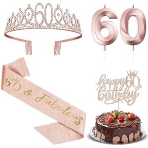 thszhjt 60th birthday decorations women rose gold, 60th birthday tiara sash candle gifts for 60 years old party decoration and supplies with gift box…