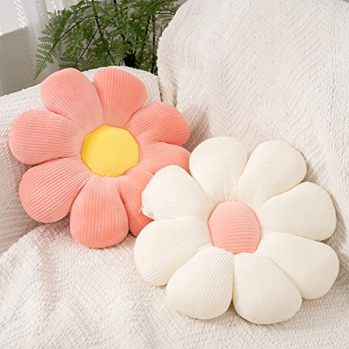 XIXISA 2pcs Flower Pillow - Pink & White Daisy Flower Shaped Throw Pillows, Cute Flower Pillow Plush Floor Preppy Pillows Cushion for Bedroom Sofa Chair Room Decor (15.35 Inch, White + Pink)