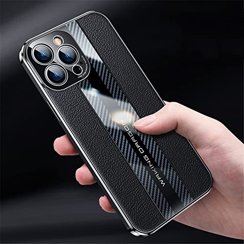 Lunivop for iPhone 14 Pro Max Case Genuine Leather Cover Thin Soft Bumper Carbon Fiber Compatible with Compatible with iPhone 14 Pro Max 6.7 inch 2022 Phone Case Camera Protection Women Man (Black)