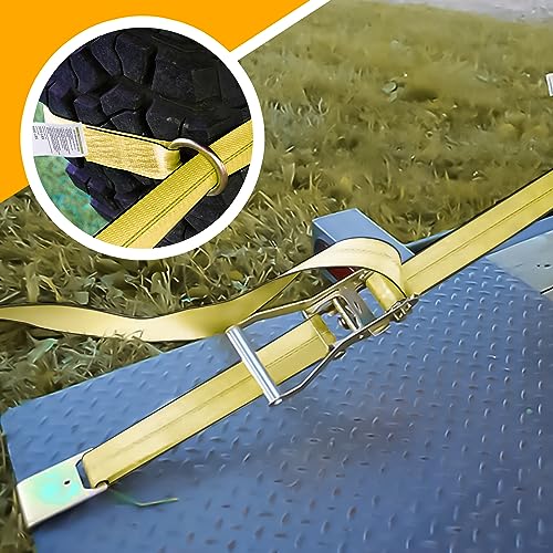 Car Tie Down Straps for Trailers (4PK) Flat Hooks Lasso Style and 2'' X 96'' Tie Down Webbing Easily Secure Tire Tie-Downs for Any Car, SUV, Jeep or Sports Car