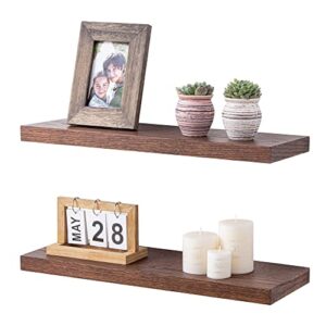 floating shelves, 8 inch deep rustic natural oak wall shelves for storage, wall mounted wooden display shelving for bedroom, living room, 24'' x 8'' shelves, dark oak color, set of 2