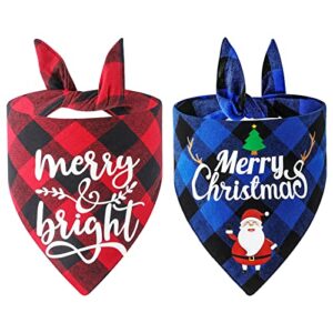 bonjin 2 pack dog bandana christmas classic plaid, pet scarf triangle reversible bibs kerchief merry christmas santa merry & bright print pet bandana for small medium large dogs cats pets(red & blue)