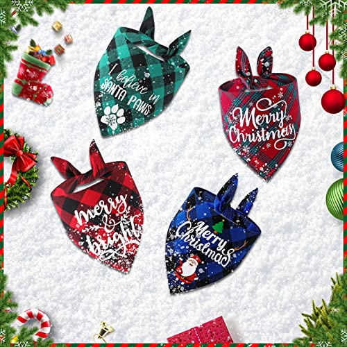 Bonjin 2 Pack Dog Bandana Christmas Classic Plaid, Pet Scarf Triangle Reversible Bibs Kerchief Merry Christmas Santa Merry & Bright Print Pet Bandana for Small Medium Large Dogs Cats Pets(Red & Blue)