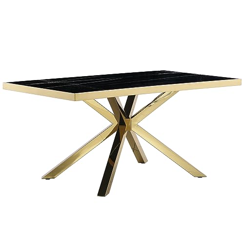 AZhome 63 inches Rectangular Dining Table, Modern Dining Room Table with Gold Stainless Steel Metal X-Base in Black Gold