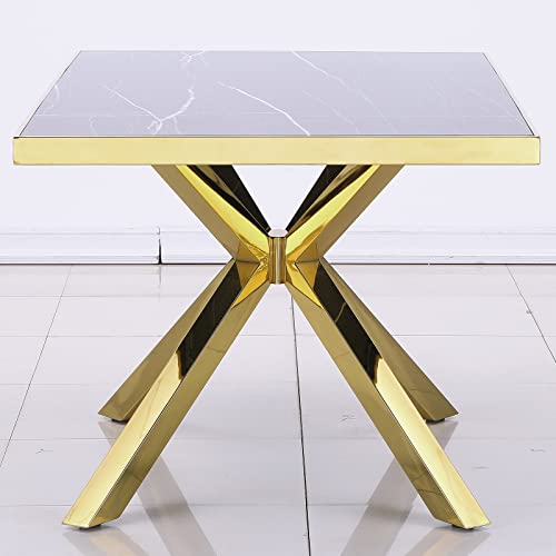 AZhome 63 inches Rectangular Dining Table, Modern Dining Room Table with Gold Stainless Steel Metal X-Base in Black Gold