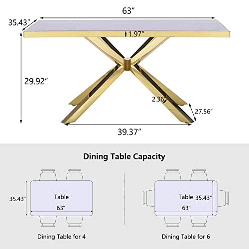 AZhome 63 inches Rectangular Dining Table, Modern Dining Room Table with Gold Stainless Steel Metal X-Base in Black Gold