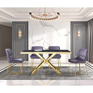 AZhome 63 inches Rectangular Dining Table, Modern Dining Room Table with Gold Stainless Steel Metal X-Base in Black Gold