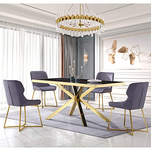 AZhome 63 inches Rectangular Dining Table, Modern Dining Room Table with Gold Stainless Steel Metal X-Base in Black Gold