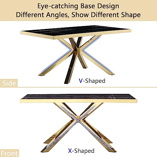 AZhome 63 inches Rectangular Dining Table, Modern Dining Room Table with Gold Stainless Steel Metal X-Base in Black Gold