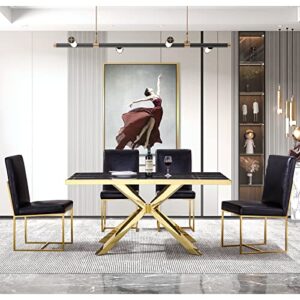 AZhome 63 inches Rectangular Dining Table, Modern Dining Room Table with Gold Stainless Steel Metal X-Base in Black Gold