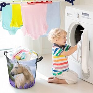 Oyihfvs Purple Lavender Horse Collapsible Waterproof Laundry Hamper with Handles, Tall Washing Storage Large Organizer Round Basket Bin for Toys Clothes