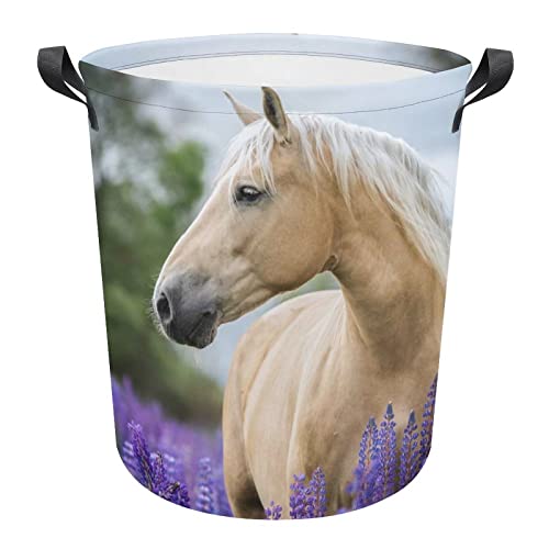 Oyihfvs Purple Lavender Horse Collapsible Waterproof Laundry Hamper with Handles, Tall Washing Storage Large Organizer Round Basket Bin for Toys Clothes