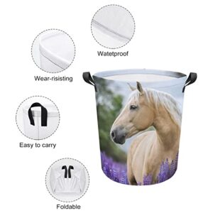 Oyihfvs Purple Lavender Horse Collapsible Waterproof Laundry Hamper with Handles, Tall Washing Storage Large Organizer Round Basket Bin for Toys Clothes