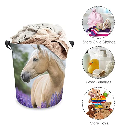 Oyihfvs Purple Lavender Horse Collapsible Waterproof Laundry Hamper with Handles, Tall Washing Storage Large Organizer Round Basket Bin for Toys Clothes