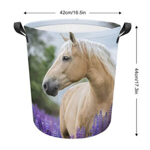 Oyihfvs Purple Lavender Horse Collapsible Waterproof Laundry Hamper with Handles, Tall Washing Storage Large Organizer Round Basket Bin for Toys Clothes