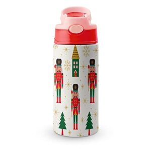 kids water bottle, christmas nutcracker tree insulated water bottle stainless steel with straw, easy open and clean leak proof 17oz/ 500ml, ideal for school travel and outdoor activities