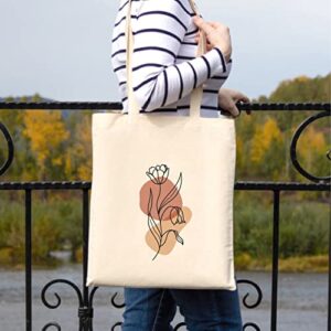 Kazova Line Flowers Cotton Canvas Bags Reusable Tote Bag Grocery Shopping Bag Minimalist Art Shoulder Bags Girls Bags Boho Book Bag