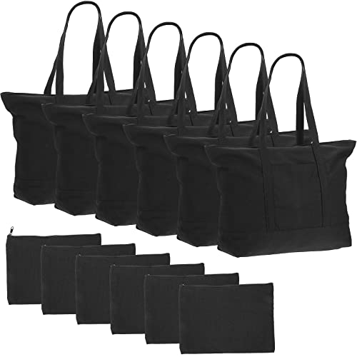 Mixweer 12 Pcs Black Canvas Tote Bag and Makeup Bags for Women Reusable Grocery Bags with Zipper Multipurpose Bag for Shopping Cosmetic Travel Toiletry DIY Craft