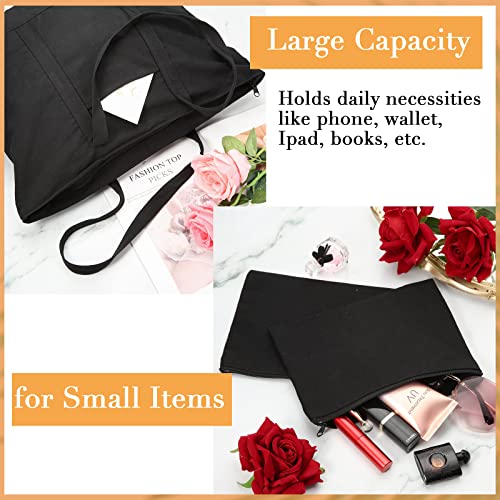 Mixweer 12 Pcs Black Canvas Tote Bag and Makeup Bags for Women Reusable Grocery Bags with Zipper Multipurpose Bag for Shopping Cosmetic Travel Toiletry DIY Craft