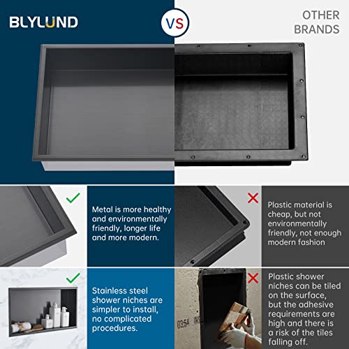 BLYLUND Shower Niche Stainless Steel 12" x 24" NO Tile Needed,Gunmetal Black Wall-inserted Niche Recessed, Recessed Shower Shelf Modern and Elegant Soap Niche for Bathroom