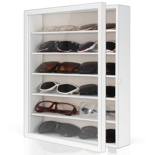 TJ.MOREE Sunglasses Organizer Storage Wall Mounted: 13 x 15.6 inches Eyewear Display Case Rustic Wood Eyeglasses Holder Large Glasses Storage Box,White