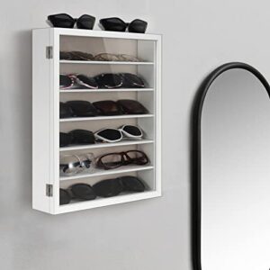 TJ.MOREE Sunglasses Organizer Storage Wall Mounted: 13 x 15.6 inches Eyewear Display Case Rustic Wood Eyeglasses Holder Large Glasses Storage Box,White