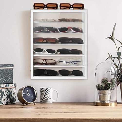 TJ.MOREE Sunglasses Organizer Storage Wall Mounted: 13 x 15.6 inches Eyewear Display Case Rustic Wood Eyeglasses Holder Large Glasses Storage Box,White