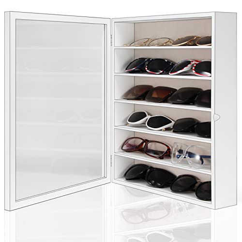 TJ.MOREE Sunglasses Organizer Storage Wall Mounted: 13 x 15.6 inches Eyewear Display Case Rustic Wood Eyeglasses Holder Large Glasses Storage Box,White