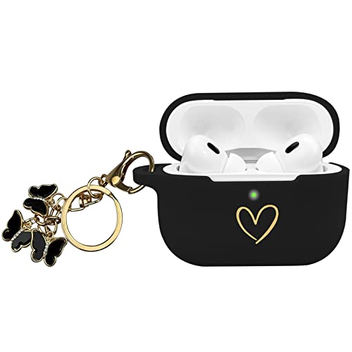 AIIEKZ Compatible with AirPods Pro 2 Case Cover 2022, Soft Silicone Case with Gold Heart Pattern for AirPods Pro 2nd Generation Case with Cute Butterfly Keychain for Girls Women (Black)