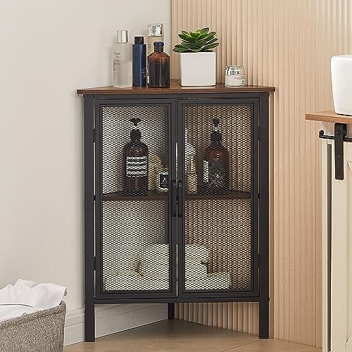 VECELO 3-Tier Cabinet/Table, Display Shelves with Free Standing Storage Mesh Small Space, Living Room, Kitchen, Bedroom, Corner Shelf with Door, Brown