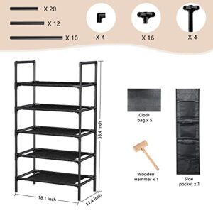 Shoe Rack Storage Organizer 5 Tiers Free Standing Metal Shoe Shelf with Side 3 Shoes Pockets, 10-17 Pairs Vertical Space Saving Stackable Tall Shoe Rack for Entryway, Hallway, Closet and Living Room