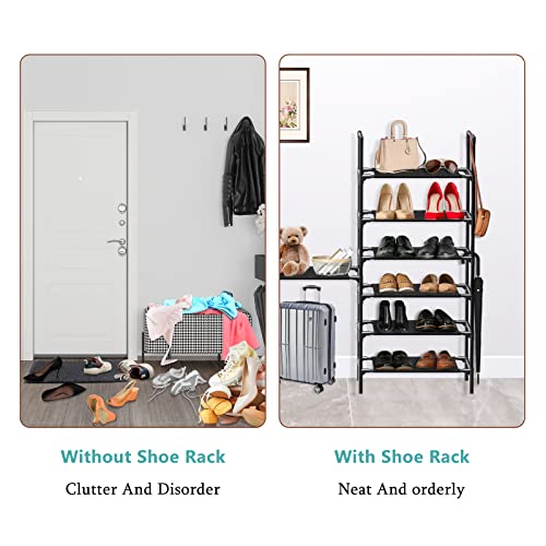 Shoe Rack Storage Organizer 5 Tiers Free Standing Metal Shoe Shelf with Side 3 Shoes Pockets, 10-17 Pairs Vertical Space Saving Stackable Tall Shoe Rack for Entryway, Hallway, Closet and Living Room