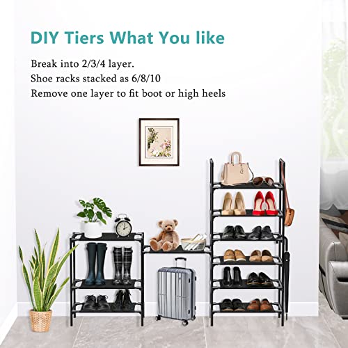 Shoe Rack Storage Organizer 5 Tiers Free Standing Metal Shoe Shelf with Side 3 Shoes Pockets, 10-17 Pairs Vertical Space Saving Stackable Tall Shoe Rack for Entryway, Hallway, Closet and Living Room