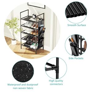 Shoe Rack Storage Organizer 5 Tiers Free Standing Metal Shoe Shelf with Side 3 Shoes Pockets, 10-17 Pairs Vertical Space Saving Stackable Tall Shoe Rack for Entryway, Hallway, Closet and Living Room