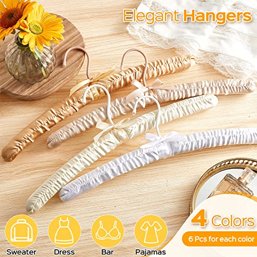 24 Pack Satin Padded Hangers for Women Non Slip Thick Foam Coat Hangers for Closet Fabric Clothing Hangers Anti Slip No Slip Hangers Bride Hanger for Wedding Dress Sweater Blouse Clothes, 4 Colors