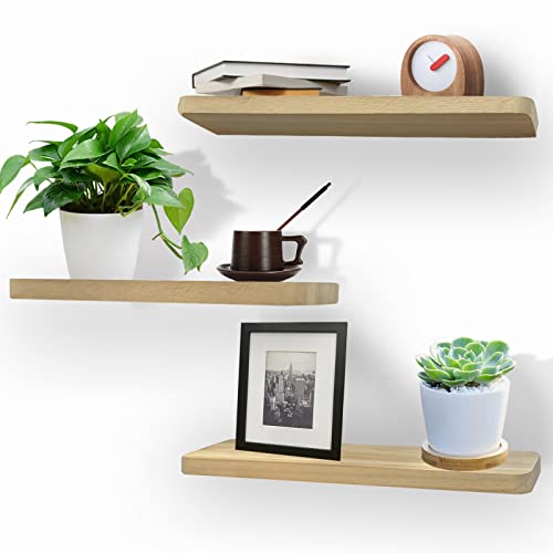 wyewye Wood Floating Shelves for Wall Solid Wood Shelves Set of 3, Natural Wooden Wall Shelf Durable Bracket Wall Shelves Decoration for Kitchen Bedroom Living Bathroom Study Room