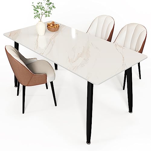 VVSmriti Sintered Stone Dining Table, Metal Legs, a Contemporary Dining Table with Rounded Corner Design - Ideal for Home, Office, and Dining Room - 55x27.5x29.3 Inches, White