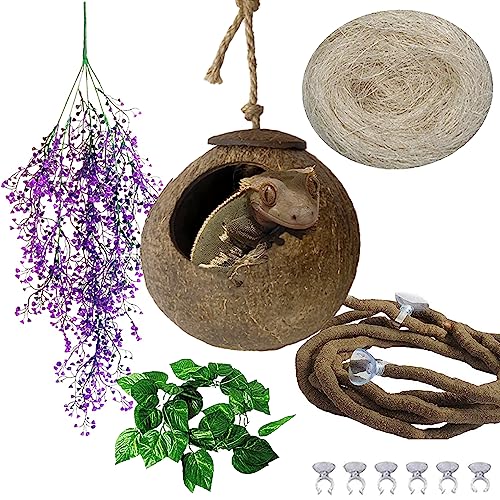 MUYG 4 PCS Crested Gecko Coconut Hide Natural Lizard Coco Hut Reptile Hanging Nest Flexible Vine Habitat Decoration Bearded Dragon Terrarium Accessories for Tortoise Chameleon Snake Spider