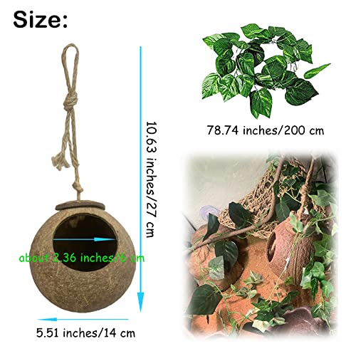 MUYG 4 PCS Crested Gecko Coconut Hide Natural Lizard Coco Hut Reptile Hanging Nest Flexible Vine Habitat Decoration Bearded Dragon Terrarium Accessories for Tortoise Chameleon Snake Spider