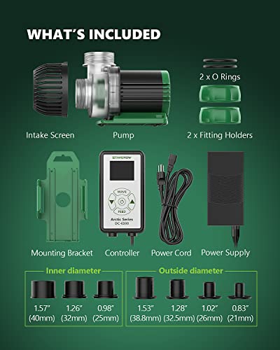 STAYGROW Arctic Series DC-6500 Aquarium Water Pumps, DC 24V 48W 1717 GPH (6500 L/H), Sine Wave Silent Powerful Controllable Submersible or External Return Pump for Fresh/Saltwater/Marine Tank Green