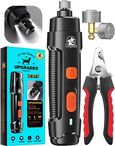 LOPSIC Dog Nail Grinder with 2 LED Lights, 2-Speed Powerful Rechargeable Dog Nail Trimmers and Clipper Kit Ultra Quiet Painless Dog Nail Clipper for Small Large Dogs Cats Claw Care,2 Grinding Wheels