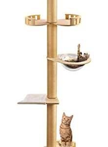 HOPERAN Floor-to-Ceiling Cat Tree (Adjustable Height: 100.3" - 106.3") 4-Layer Cat Climbing Tower with Hammock, Fence Springboard, Space Capsule, Fence Lookout, Natural Sisal Rope Scratching Posts