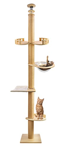 HOPERAN Floor-to-Ceiling Cat Tree (Adjustable Height: 100.3" - 106.3") 4-Layer Cat Climbing Tower with Hammock, Fence Springboard, Space Capsule, Fence Lookout, Natural Sisal Rope Scratching Posts