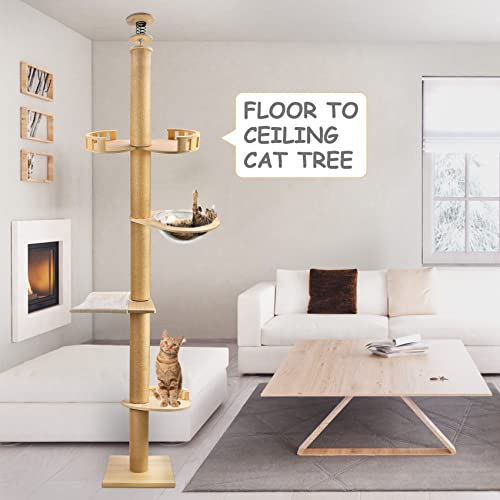 HOPERAN Floor-to-Ceiling Cat Tree (Adjustable Height: 100.3" - 106.3") 4-Layer Cat Climbing Tower with Hammock, Fence Springboard, Space Capsule, Fence Lookout, Natural Sisal Rope Scratching Posts