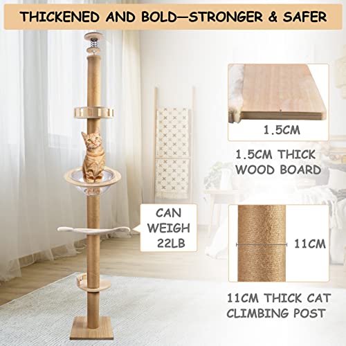 HOPERAN Floor-to-Ceiling Cat Tree (Adjustable Height: 100.3" - 106.3") 4-Layer Cat Climbing Tower with Hammock, Fence Springboard, Space Capsule, Fence Lookout, Natural Sisal Rope Scratching Posts