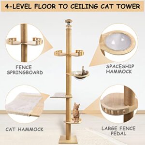 HOPERAN Floor-to-Ceiling Cat Tree (Adjustable Height: 100.3" - 106.3") 4-Layer Cat Climbing Tower with Hammock, Fence Springboard, Space Capsule, Fence Lookout, Natural Sisal Rope Scratching Posts