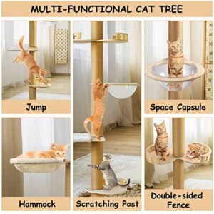 HOPERAN Floor-to-Ceiling Cat Tree (Adjustable Height: 100.3" - 106.3") 4-Layer Cat Climbing Tower with Hammock, Fence Springboard, Space Capsule, Fence Lookout, Natural Sisal Rope Scratching Posts